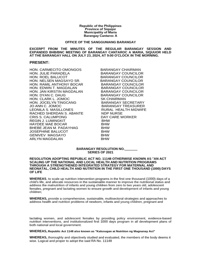 [CANTAROC A] Barangay resolution 11148 (act scaling) | PDF | Human Life ...