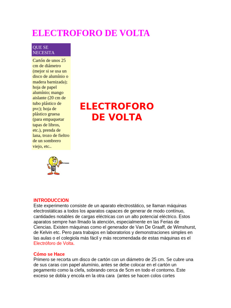 Electroforo de Volta | PDF | Electrostática | Electromagnetismo