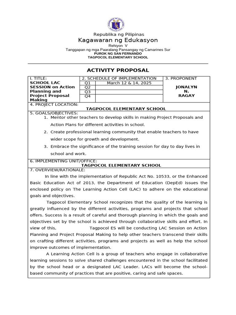 Project Proposal LAC Session Project Proposal Making | PDF | Behavior ...