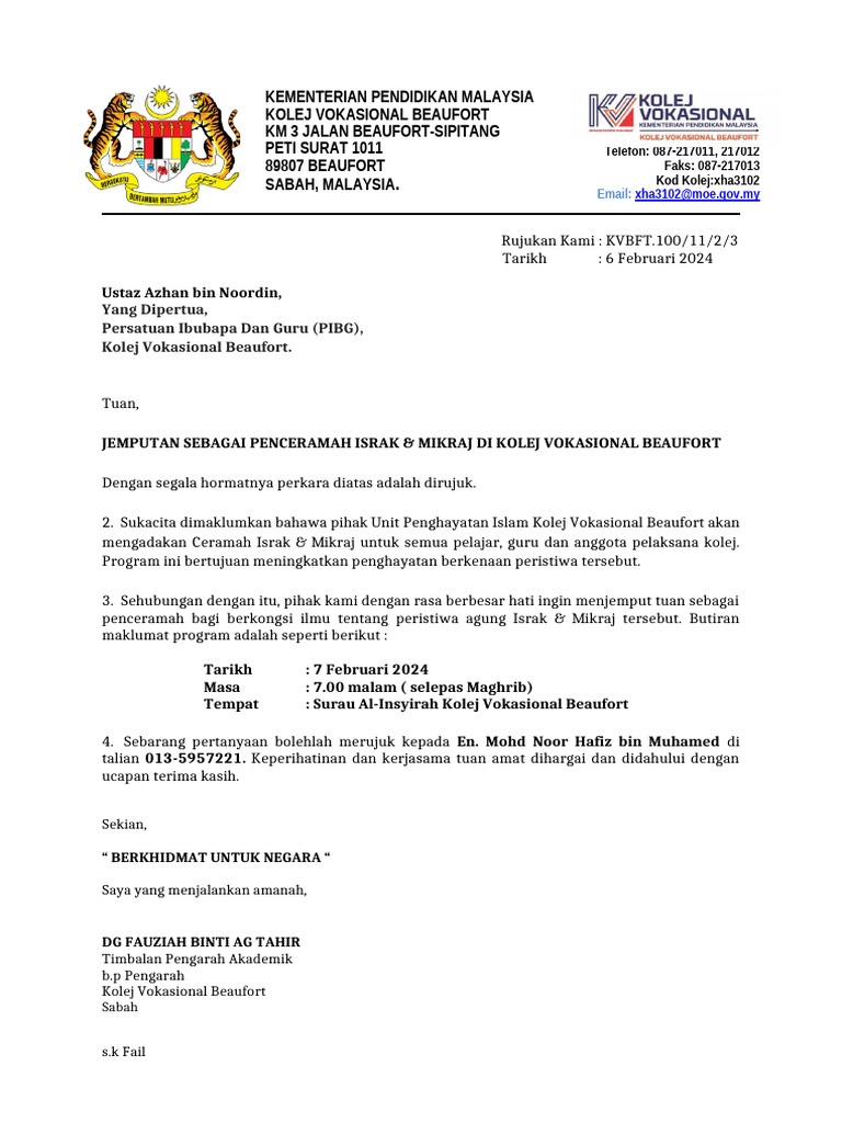 Surat Jemputan Penceramah Israk Mikraj 2023 | PDF