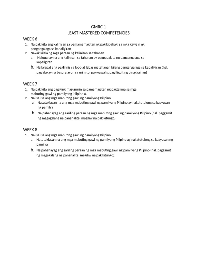 LEAST mASTERED COMPETENCIES Sample | PDF