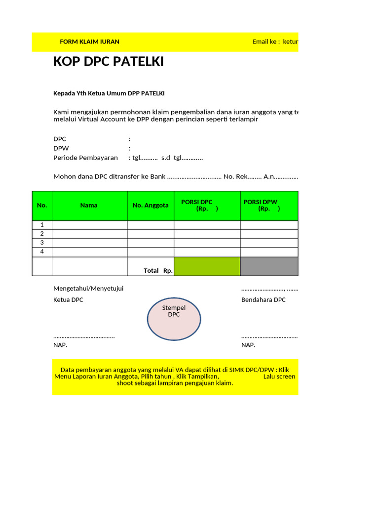 FORM KLAIM Iuran Untuk DPC-DPW | PDF