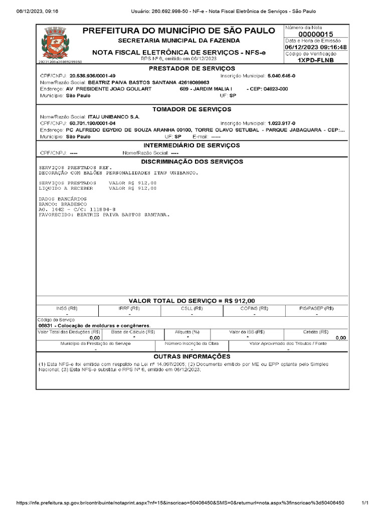 NOTA FISCAL Nº015_BPB | PDF