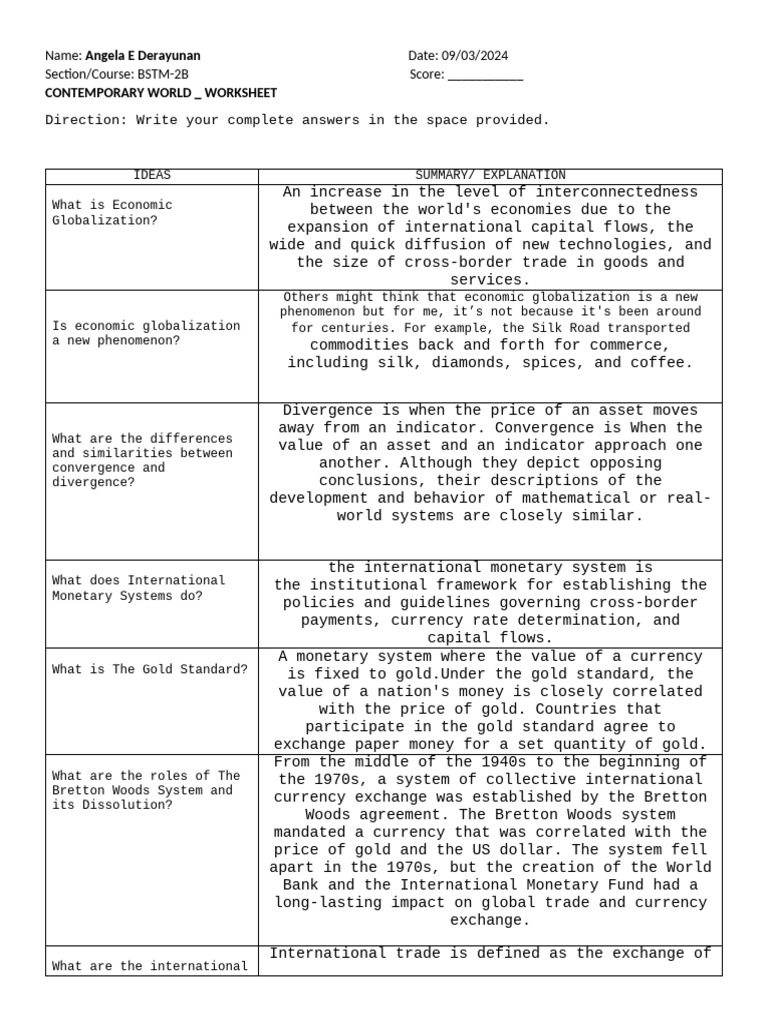 Contemporary World Worksheet LCC | PDF | Trade | Market (Economics)