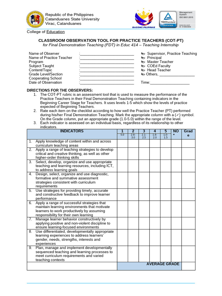 Classroom Observation Tool for Teachers | PDF | Educational Assessment ...