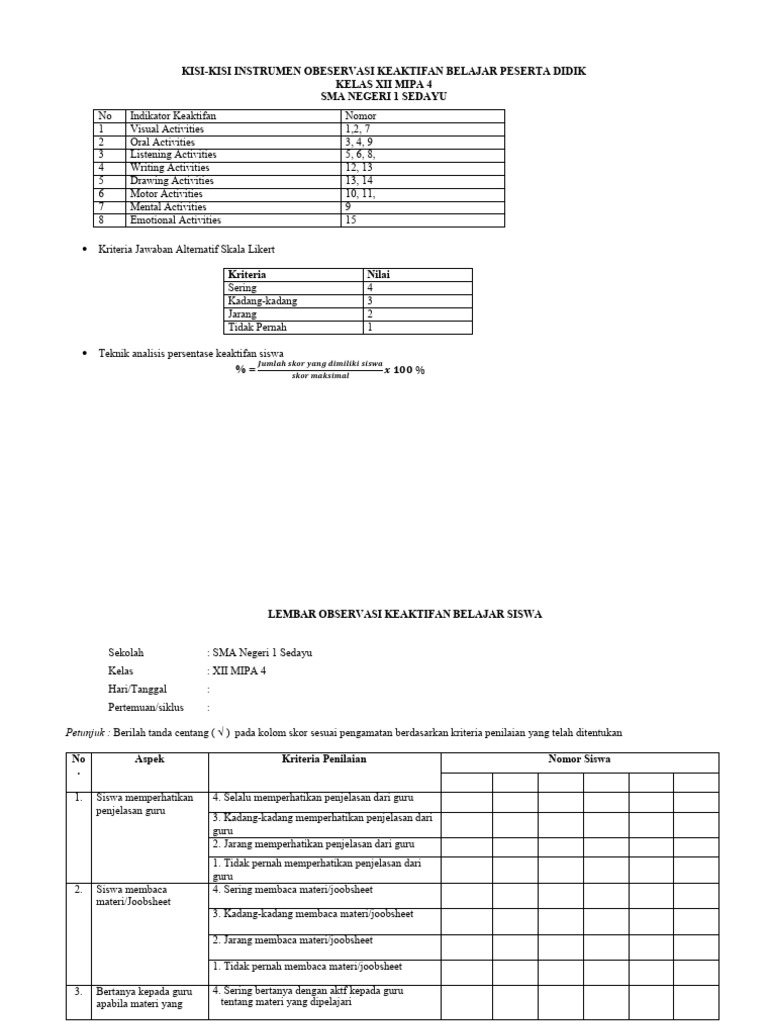 LEMBAR OBSERVASI KEAKTIFAN BELAJAR SISWA Fix | PDF