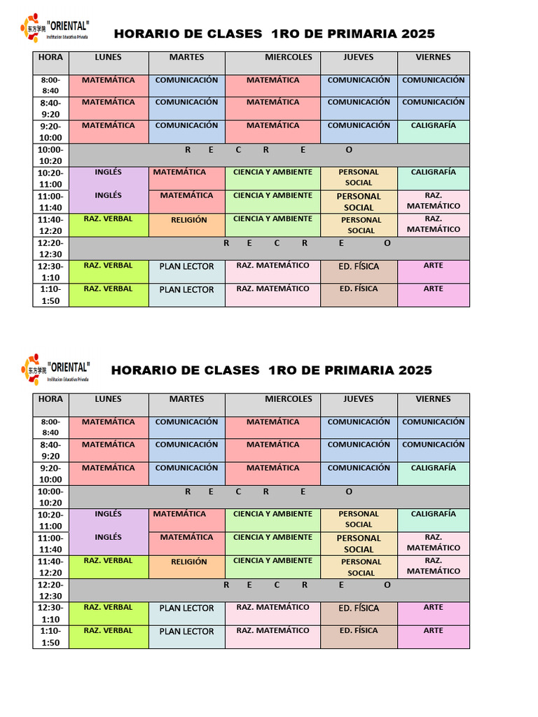 Horario 1er Grado | PDF