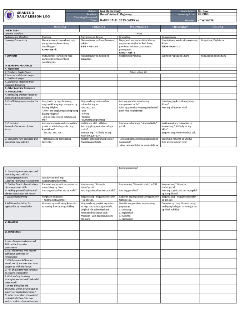 DLL - Filipino 3 - Q4 - W6 | PDF