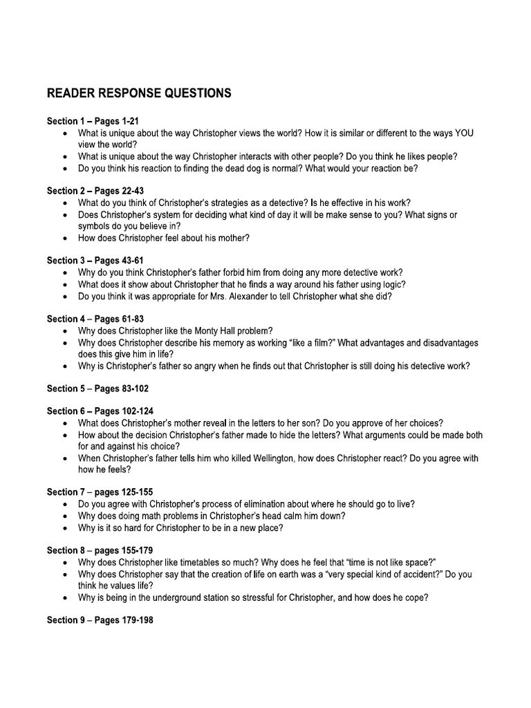 Curious Incident of The Dog in The Night Time Booklet Questions | PDF