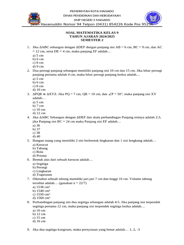 Soal Pas Matematika Kelas 9 | PDF