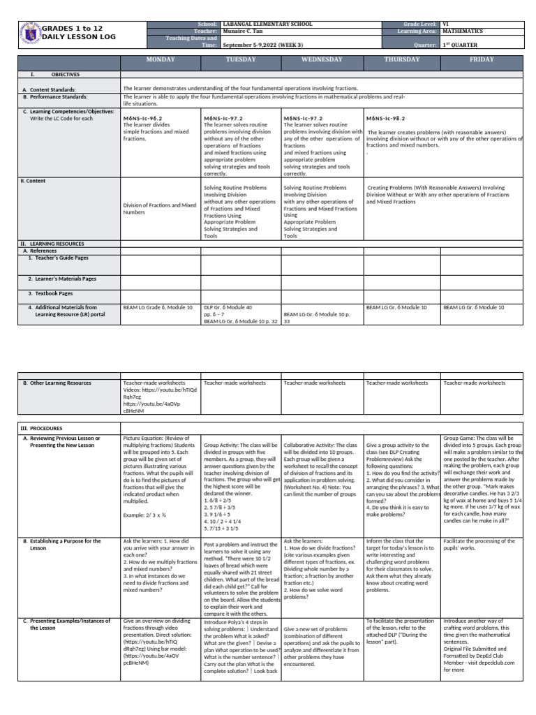 DLL_MATHEMATICS 6_Q1_W3 | PDF | Learning | Teachers