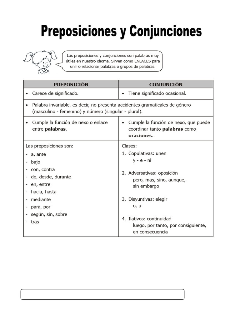Ficha Ejemplos de Preposiciones Conjunciones | PDF | Lingüística | Tipología Lingüística