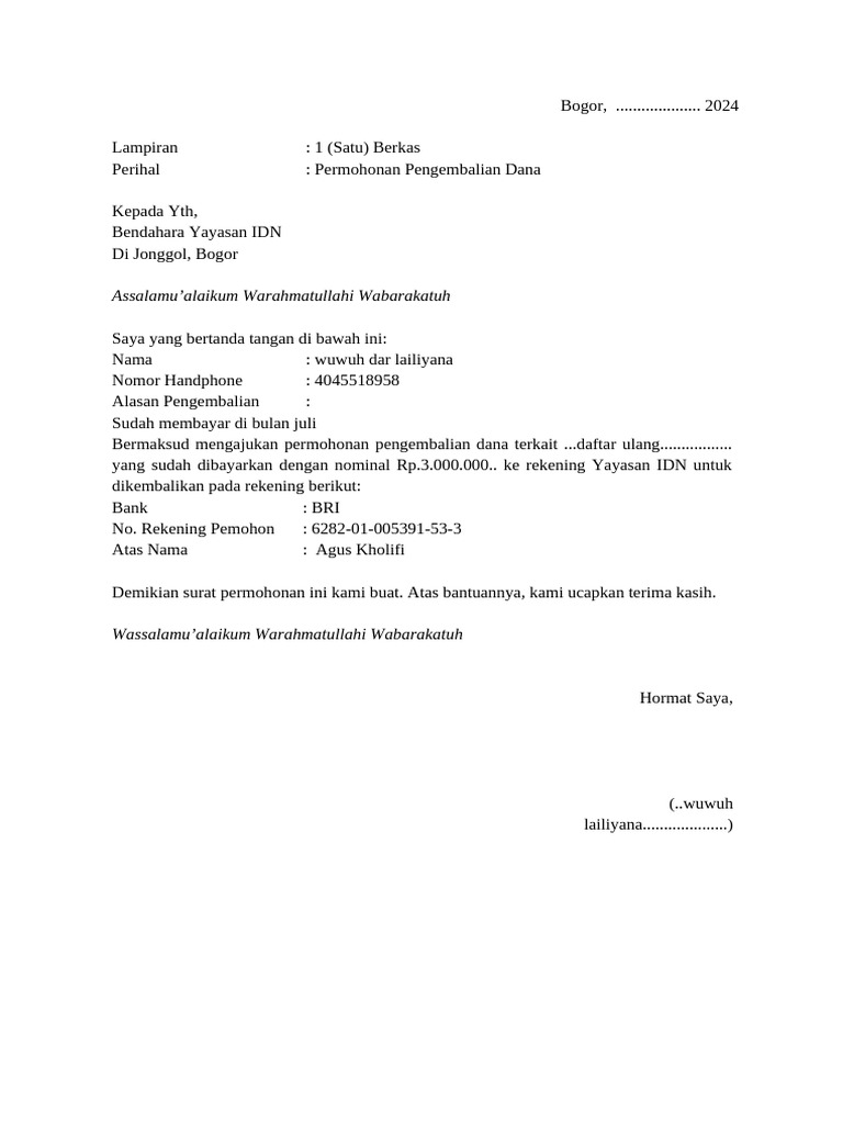 (TEMPLATE) Surat Permohonan Pengembalian Dana | PDF