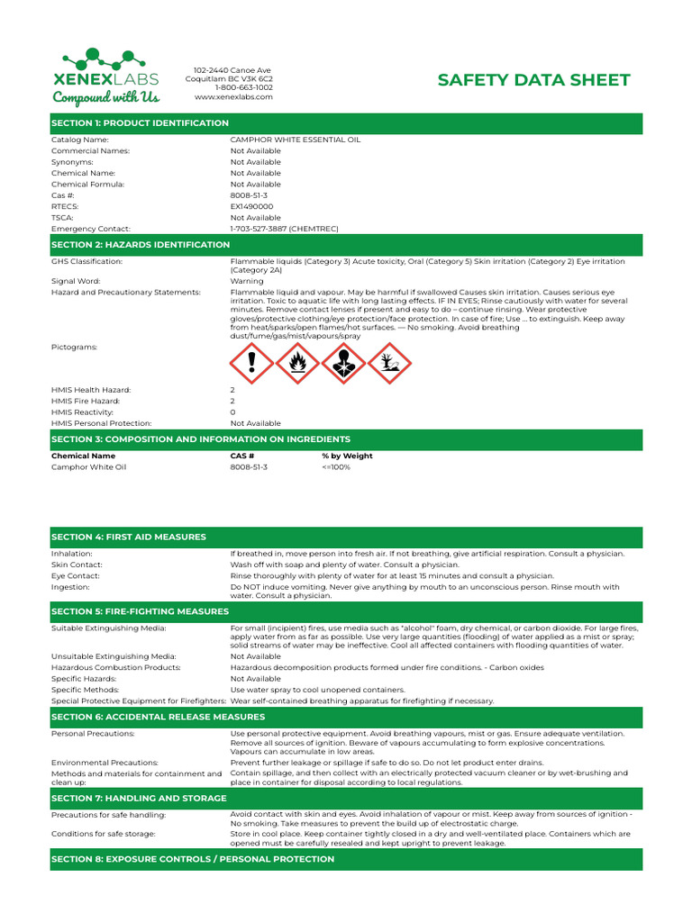 Xenex Labs - SDS (English) - CAMPHOR WHITE ESSENTIAL OIL OC130X | PDF ...