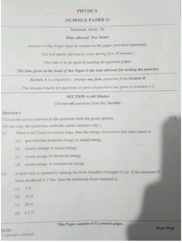 Physics Class 10 Ice Board 2024 Question Paper. | PDF