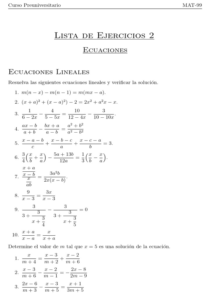 Lista de Ejercicios 2 | PDF | Ecuación cuadrática | Ecuaciones