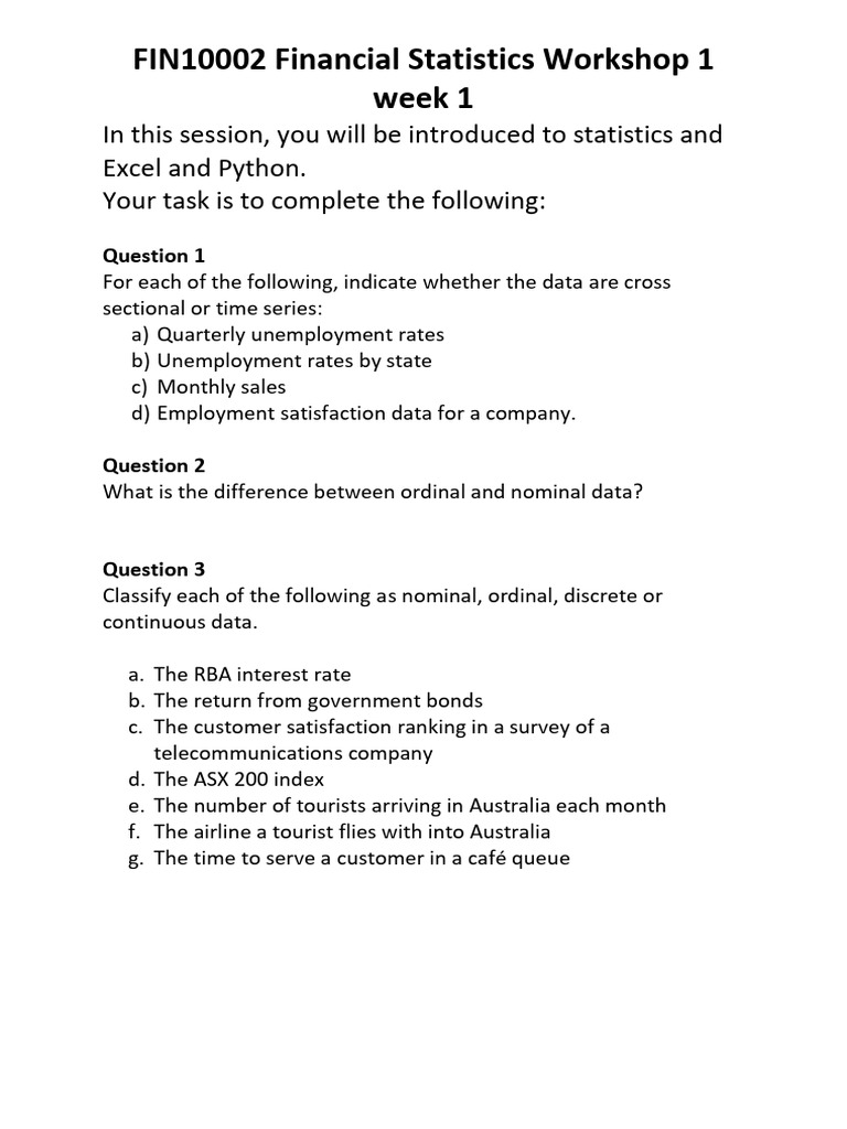FIN10002 Workshop 1 Week 1-1 | PDF