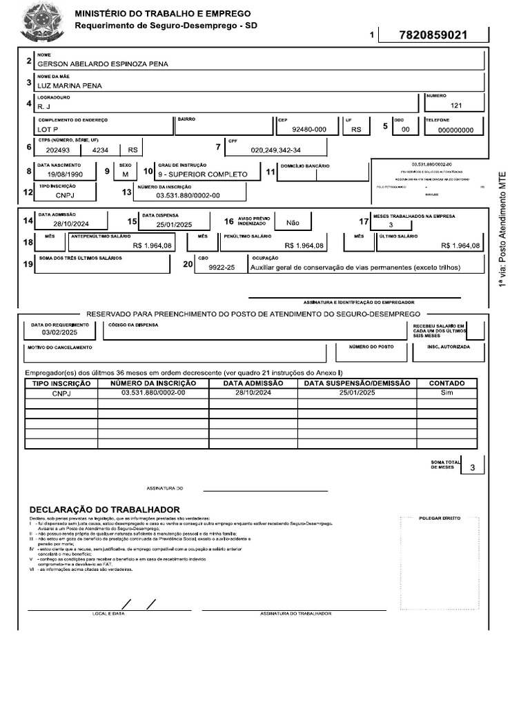 Seguro Desemprego Gerson | PDF