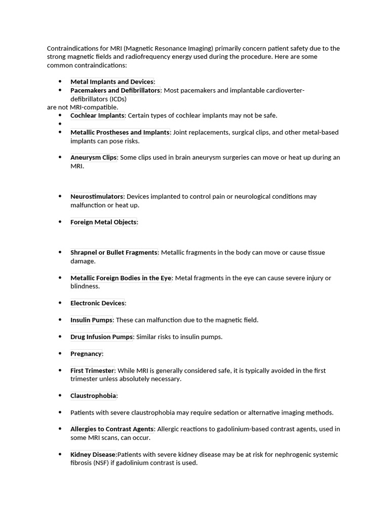 Contraindications For MRI | PDF