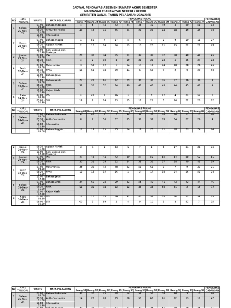 Rev. Jadwal Pengawas ASAS Ganjil 2024 | PDF