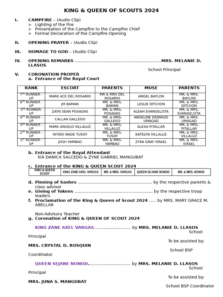 BSP & GSP - KING & QUEEN OF SCOUT 2024 PROGRAM | PDF