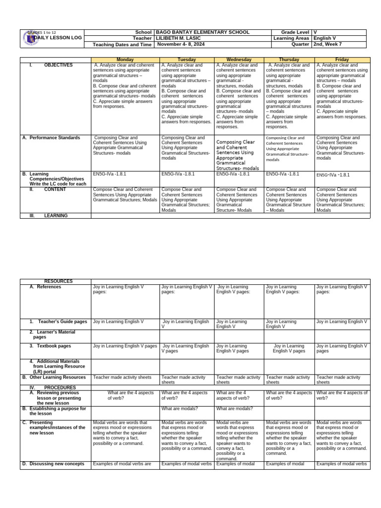 DLL English LP Wk7 QTR 2 | PDF | Verb | Semantics