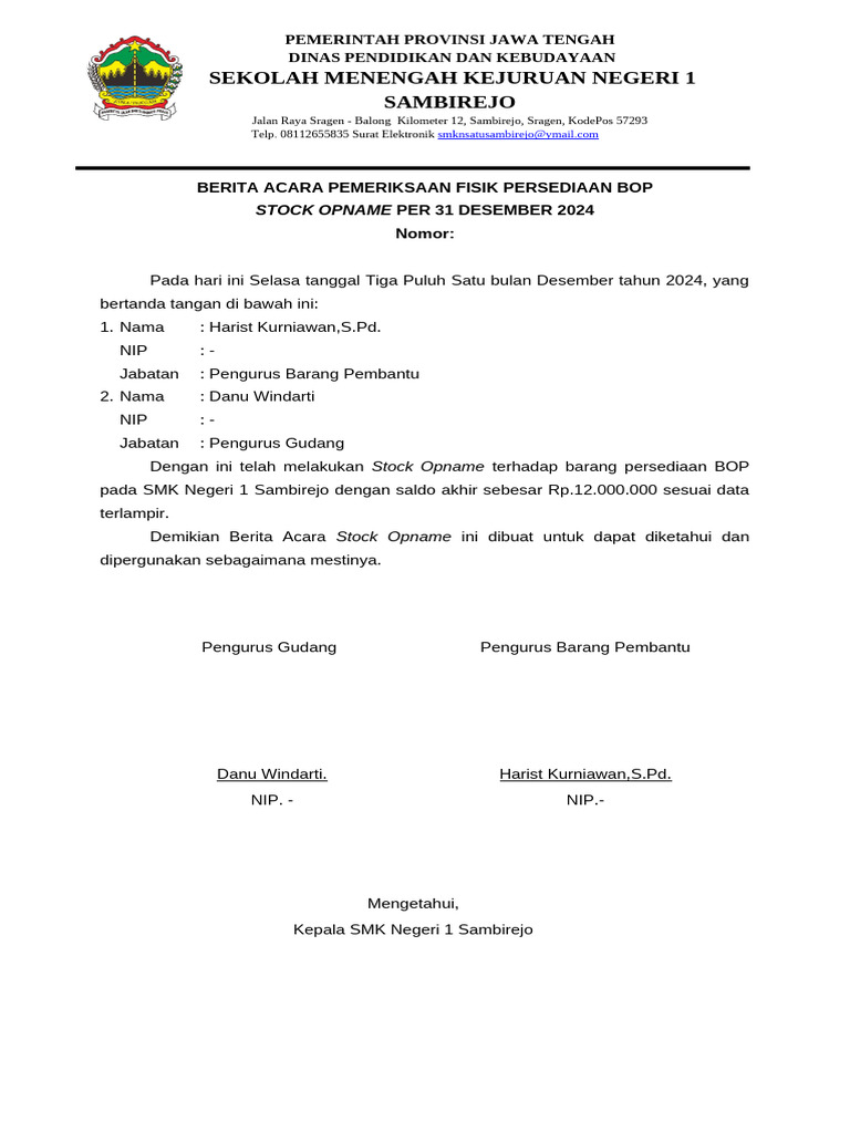 Format Ba Inventarisasi (Stock Opname) Persediaan 2024 | PDF