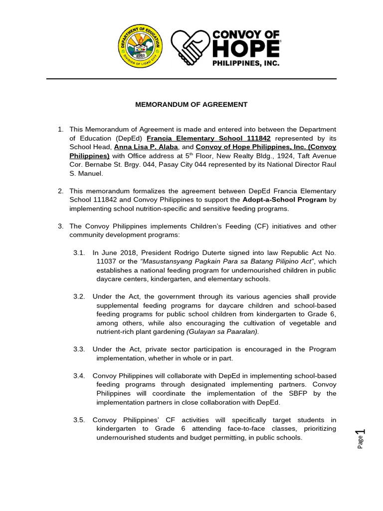 MOA TEMPLATE_CONVOY OF HOPE | PDF | Malnutrition | Food Security