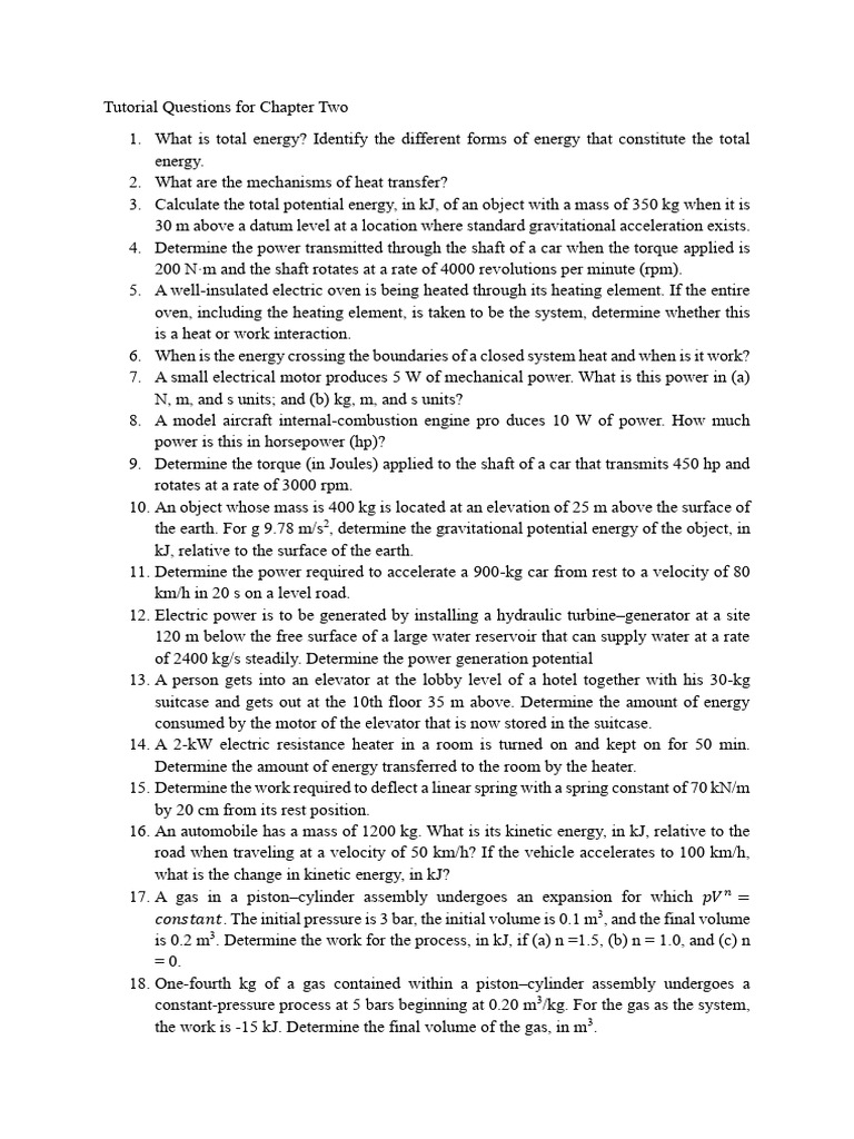 Tutorial Questions For Chapter Two | PDF | Power (Physics) | Potential ...