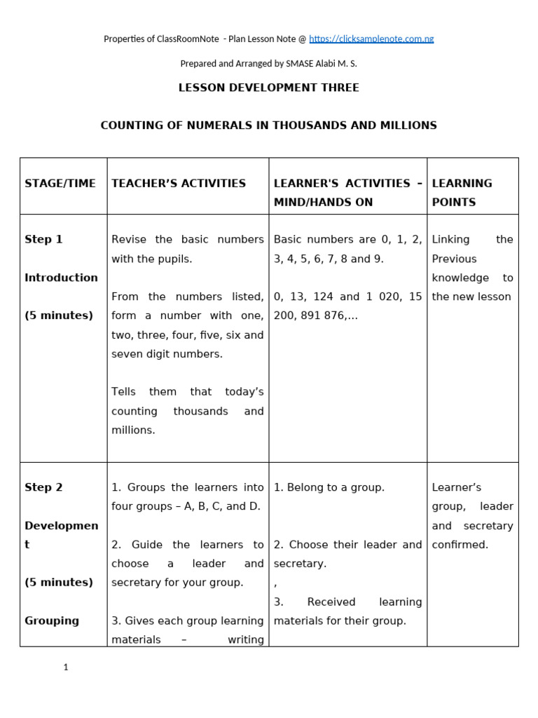 Counting of Numerals in Thousands and Millions Docx 1 | PDF | Learning | Behavior Modification