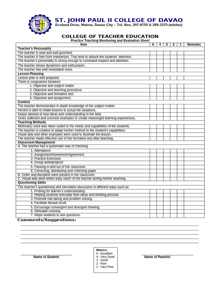 Practice Teaching Evaluation Sheet | PDF | Teachers | Teaching Method