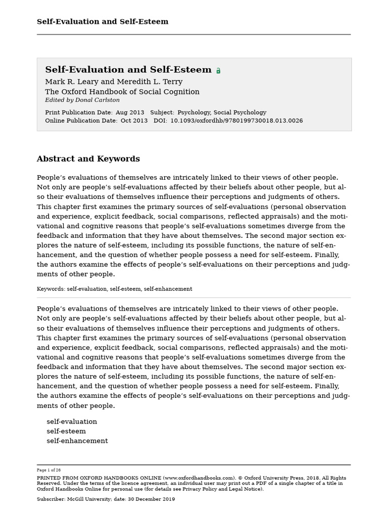 Self-Evaluation and Self-Esteem (Mark R. Leary and Meredith L. Terry ...