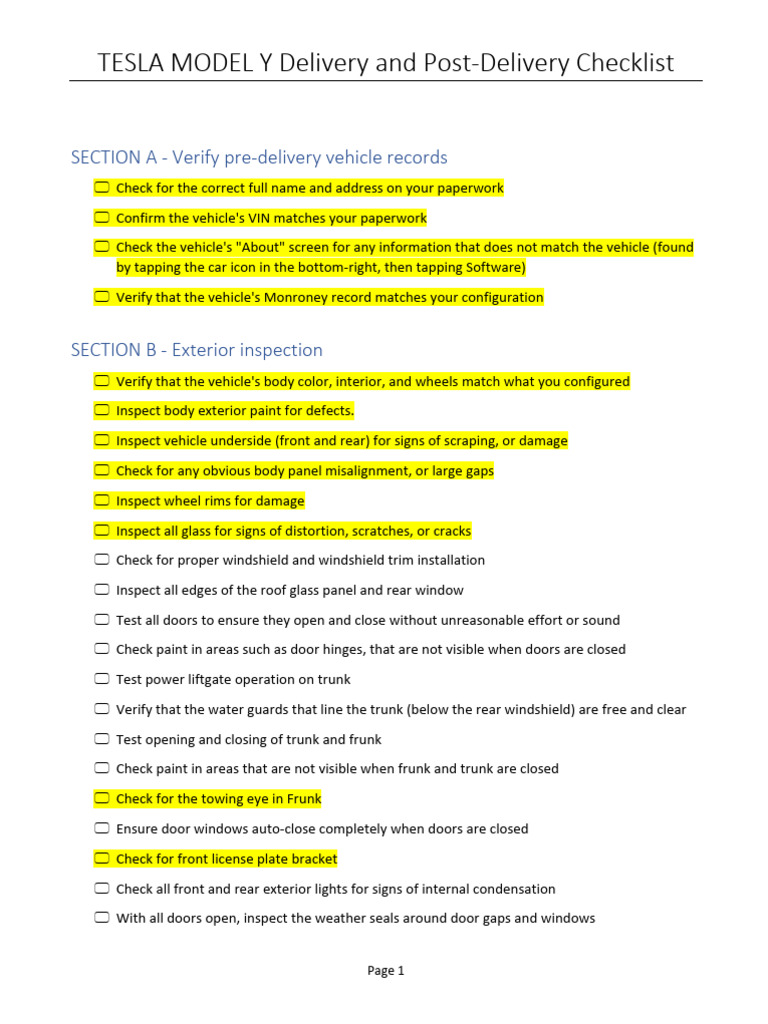 Tesla Model Y Delivery Checklist | PDF | Trunk (Car) | Motor Vehicle
