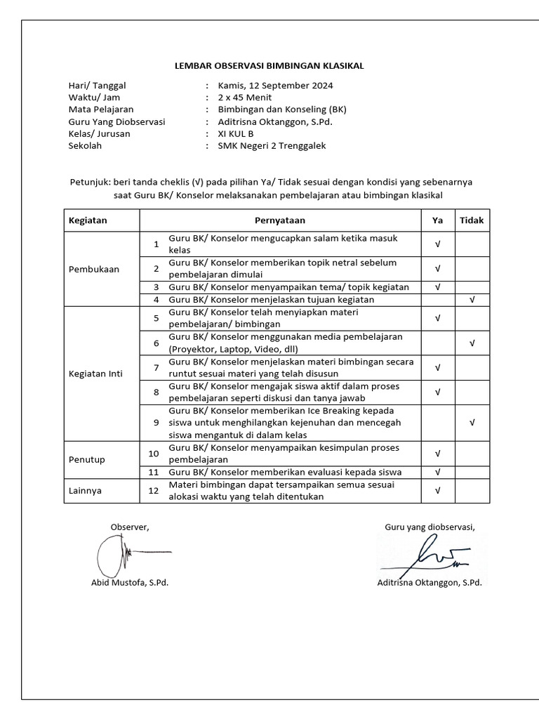 Observasi Bimbingan Klasikal BK SMK | PDF