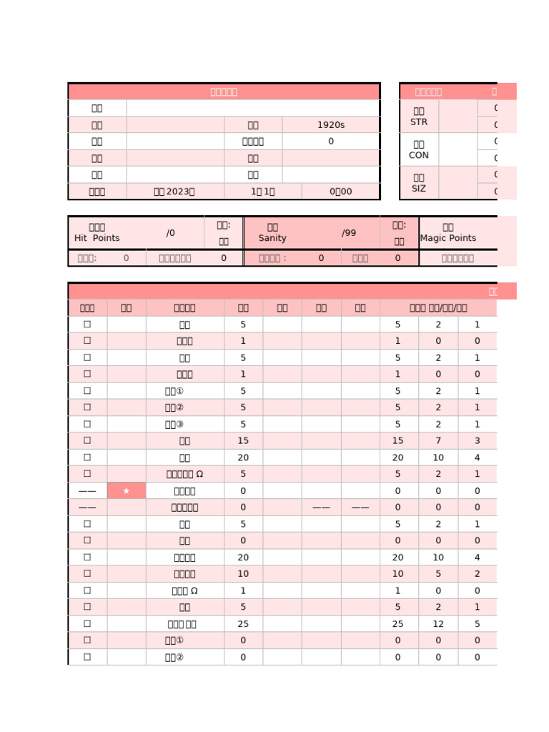 coc7th空白卡（粉）（可以插入调查员图片） 坪 | PDF
