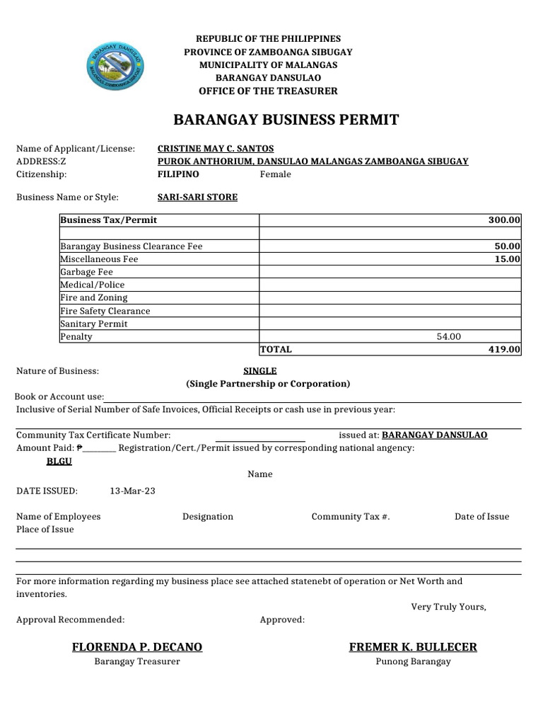 Barangay Business Permit | PDF