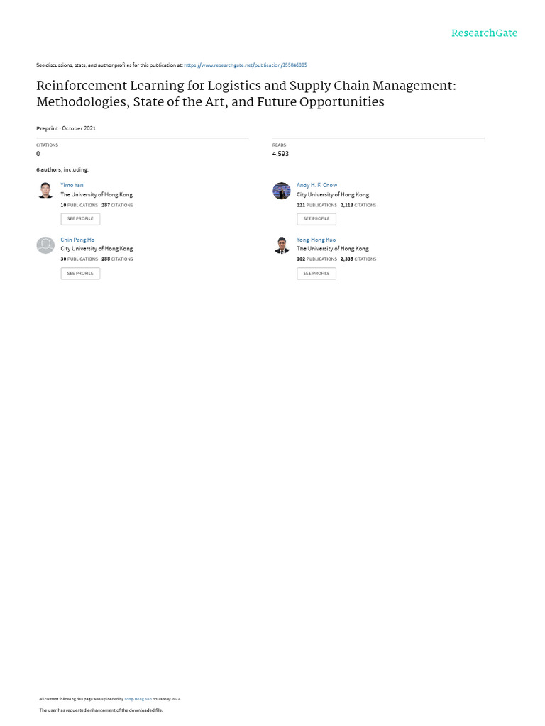 Reinforcement Learningfor Logisticsand Supply Chain Management | PDF ...