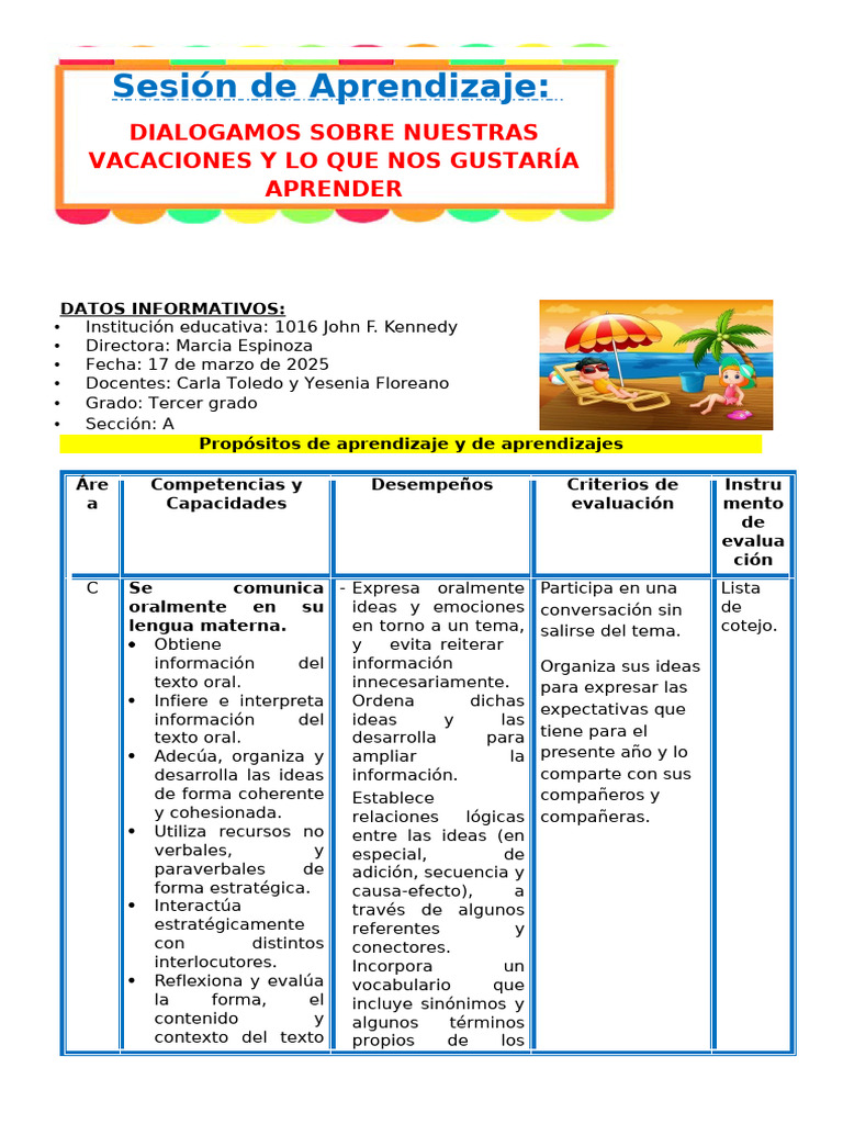 3° SESIÓN DIA 1 COM DIALOGAMOS SOBRE NUESTRAS VACACIONES Y LO QUE NOS ...