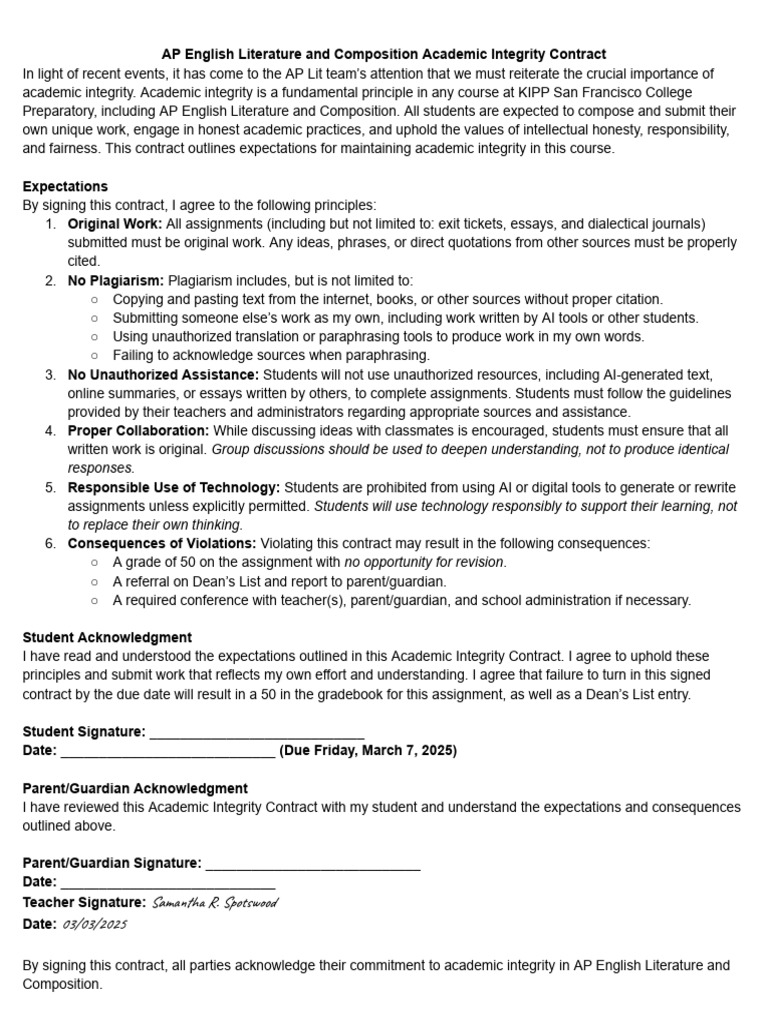 AP Lit Academic Integrity Contract | PDF | Plagiarism | Academic Integrity