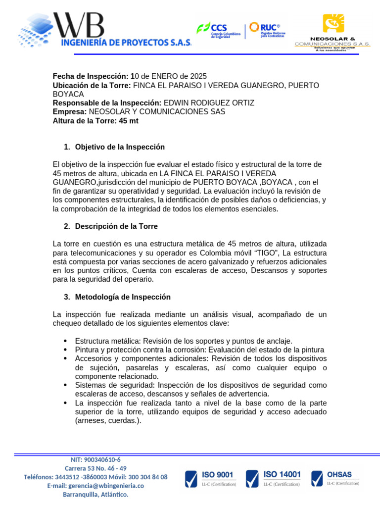Informe Inspeccion y Revision Torre - ANT7027 | PDF