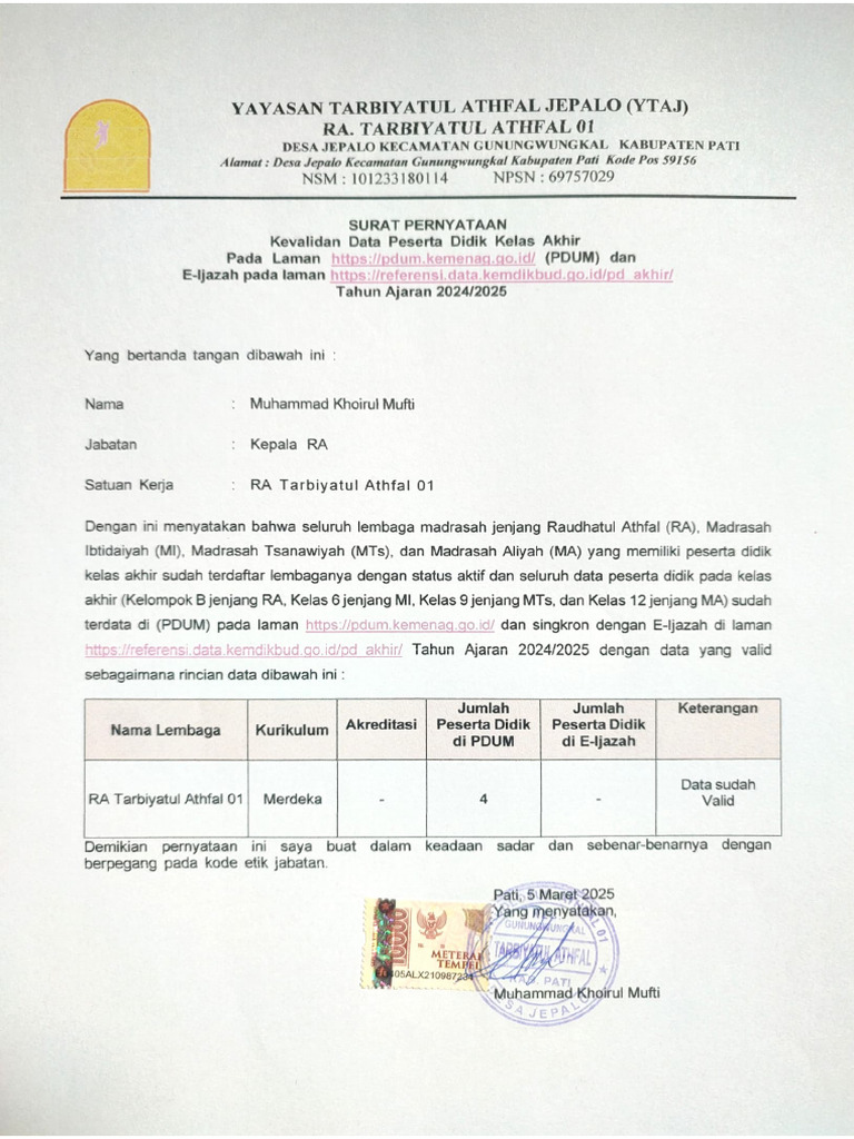 Surat Kevalidan Pdum Ra | PDF