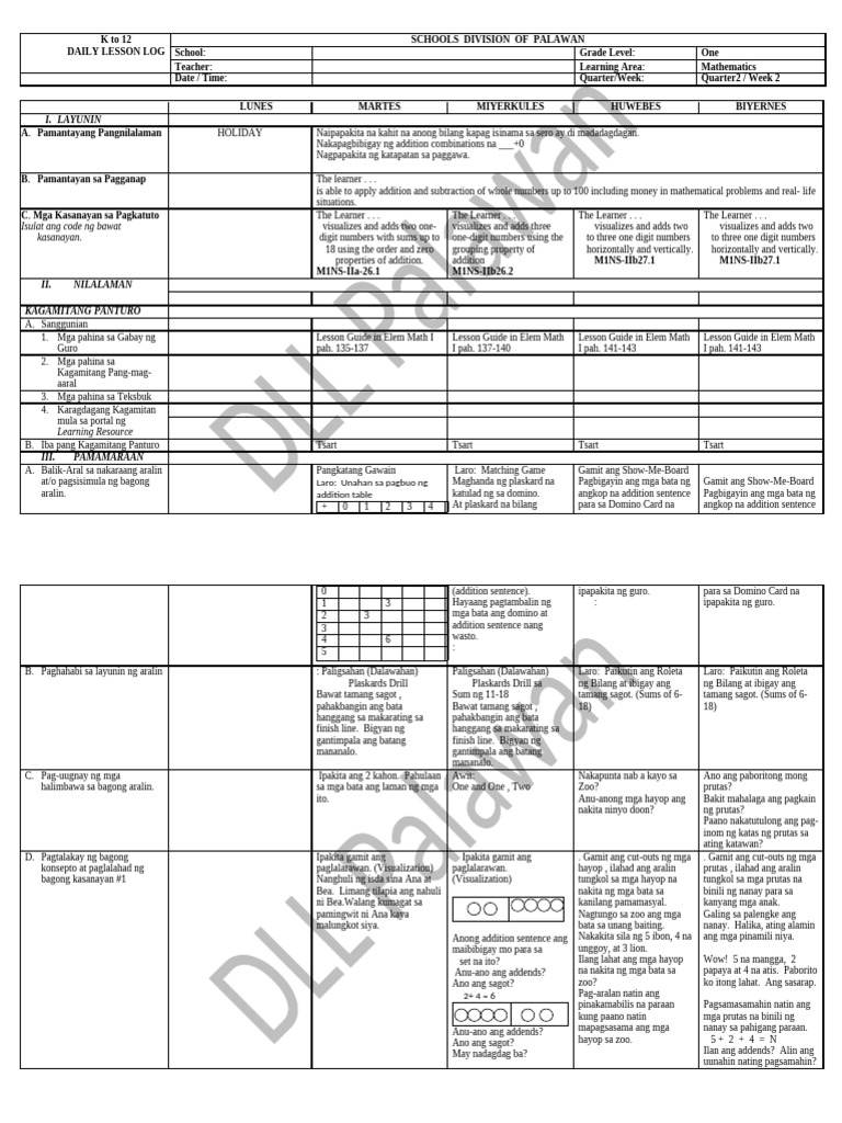 DLL Math Grade1 Quarter2 Week2 (Palawan Division) | PDF