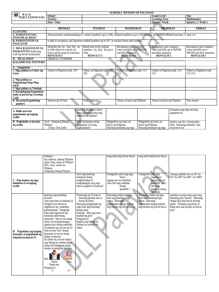 DLL Math Grade1 Quarter2 Week1 | PDF