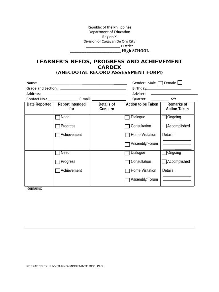 Anecdotal Record Assessment Form | PDF