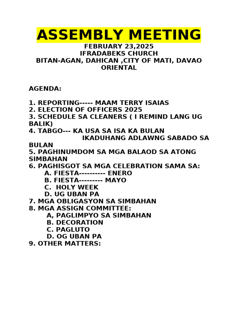 Ifradabeks Church Assembly Meeting Agenda | PDF