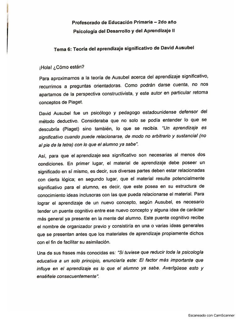 Tema 6. Teoría del aprendizaje significativo de David Ausubel (1) | PDF