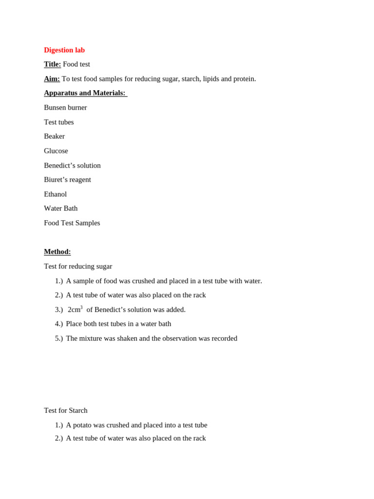 Lab 7 - Food Test (Digestion Lab) | PDF
