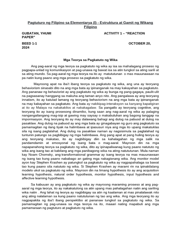 ACTIVITY 1 (Pagtuturo ng Filipino sa Elementarya) | PDF