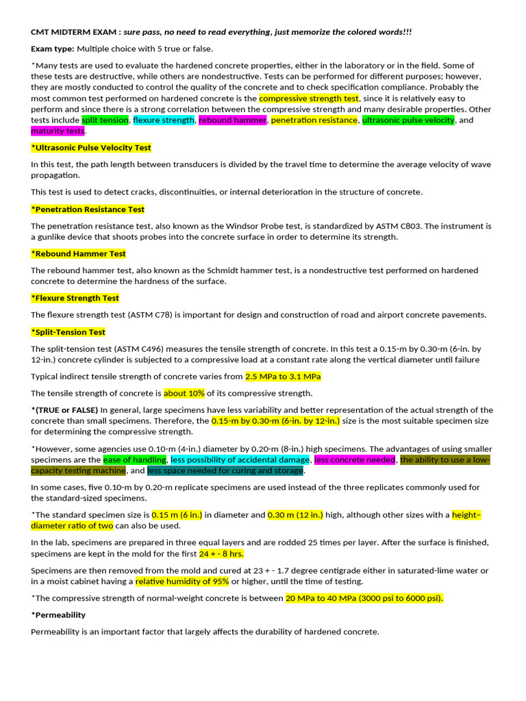 CMT Midterm Exam Reviewer Answers Sure 100 Pass | PDF | Concrete | Steel