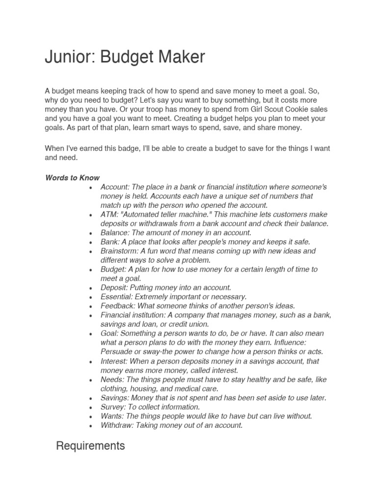 Junior Budget Maker Badge Requirements | PDF | Banks | Money